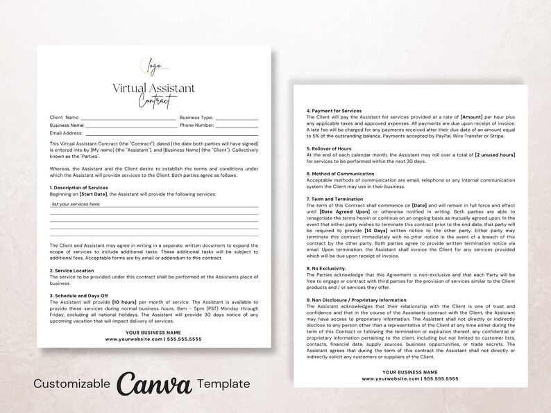 Virtual Assistant Contract Template and Intake Form, VA Contract ...