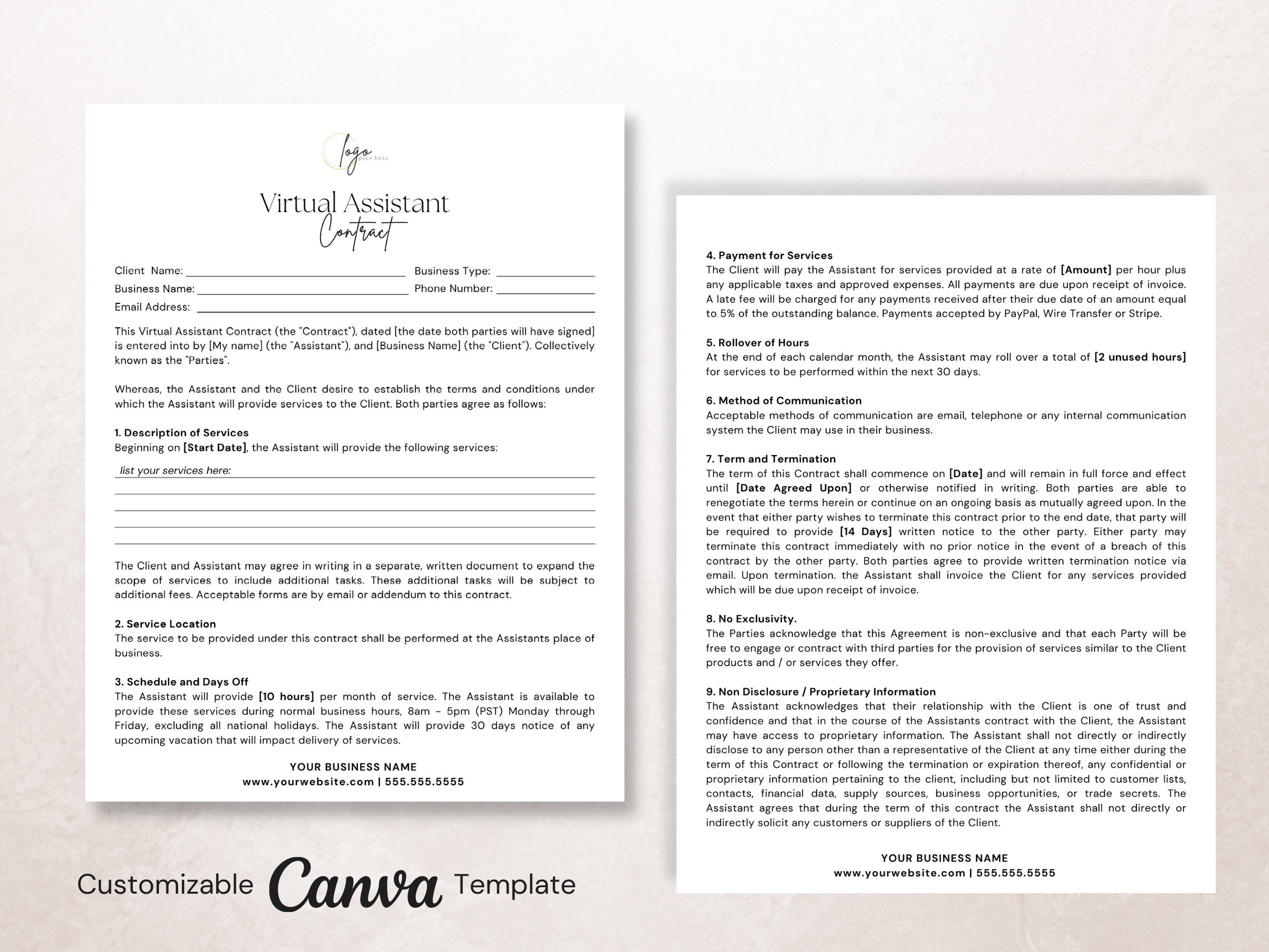 Virtual Assistant Contract Template and Intake Form, VA Contract ...