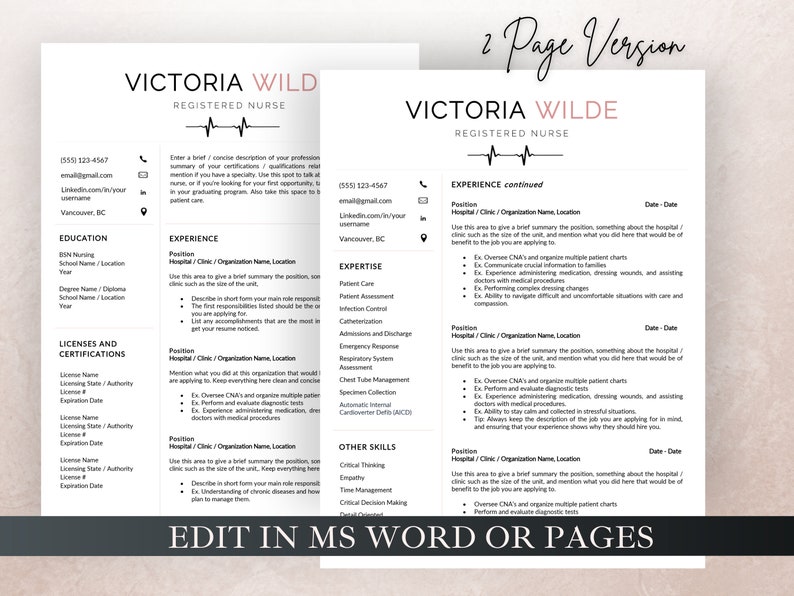 New Grad Nursing Resume Template for Word and Pages, RN Resume, Student ...