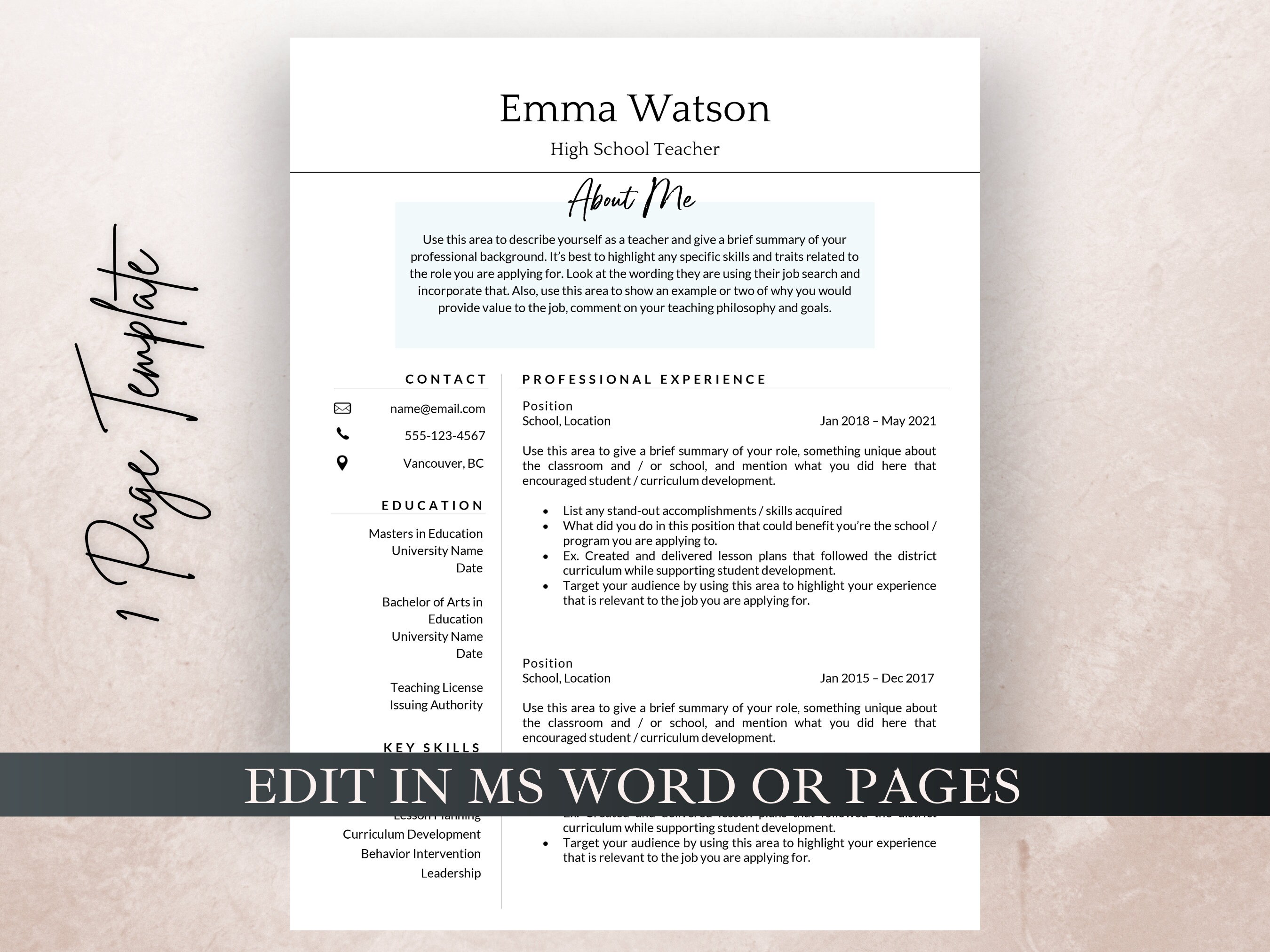 Teacher Resume Template for Word & Pages, Teacher CV Template ...