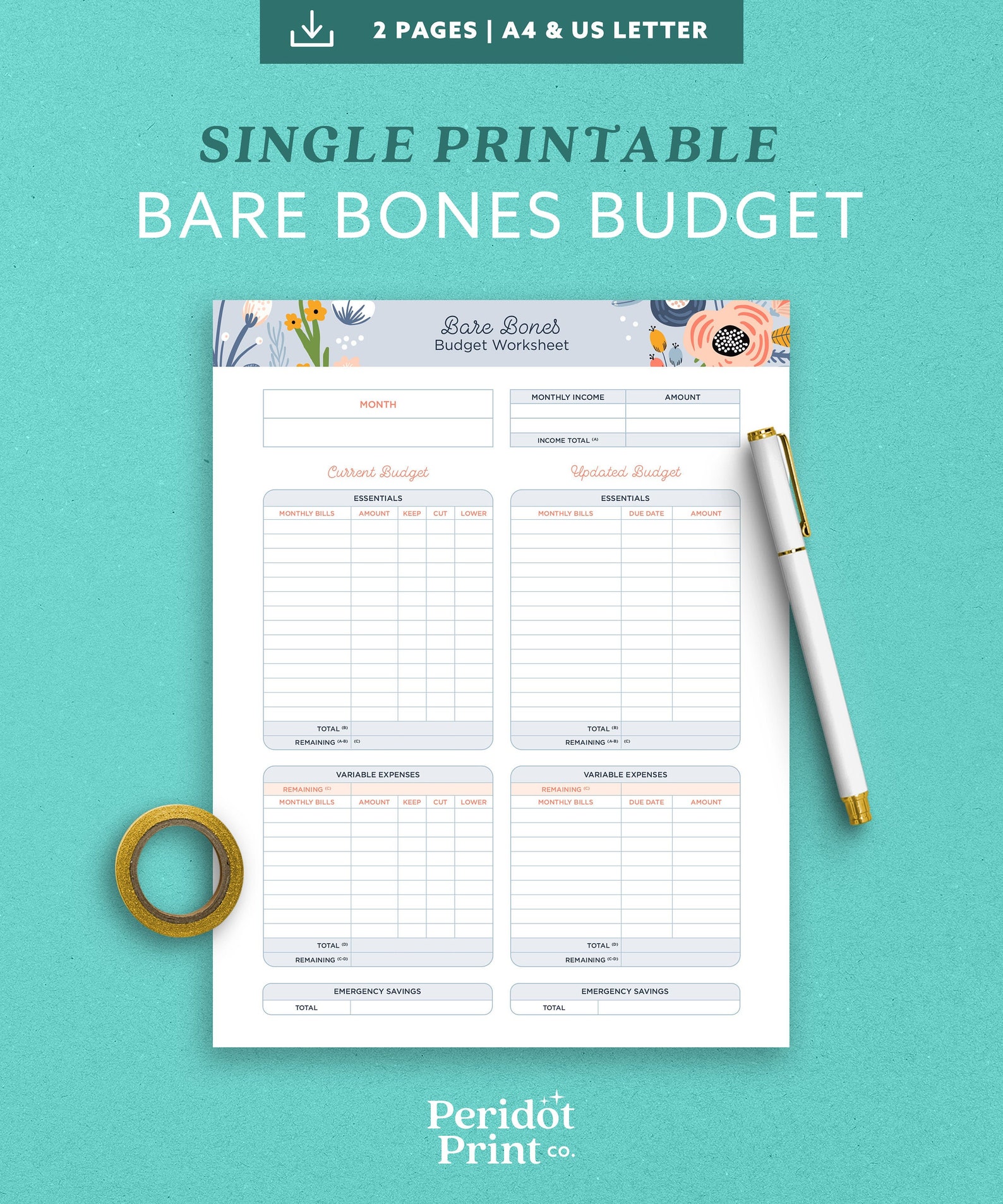 Printable Bare Bones Budget Worksheet Bare Bones Budget Etsy UK