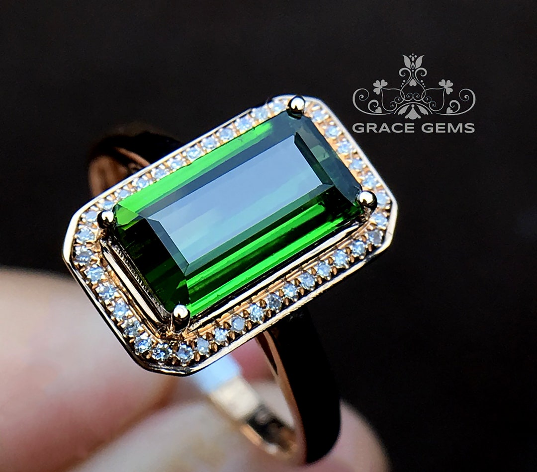 18k Solid Gold Big Square Green Tourmaline Ring/diamond Engagement ...