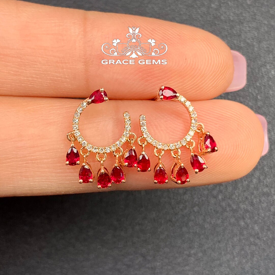 18k Gold Natural Ruby Studs With Diamond/victorian Gothic Ruby Earrings ...
