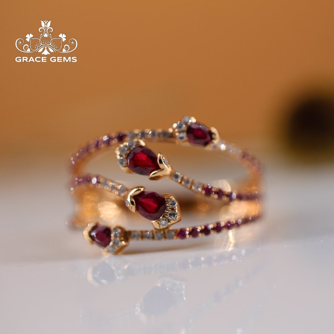 Multi-stone Mozambique Natural Raw Ruby Ring/18k Rose Gold With Diamond ...