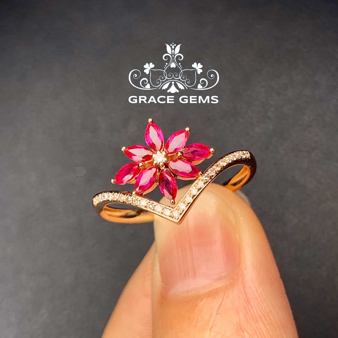 18k Rose Gold Real Ruby Wedding Ring/curvy Natural Ruby Cluster Ring ...