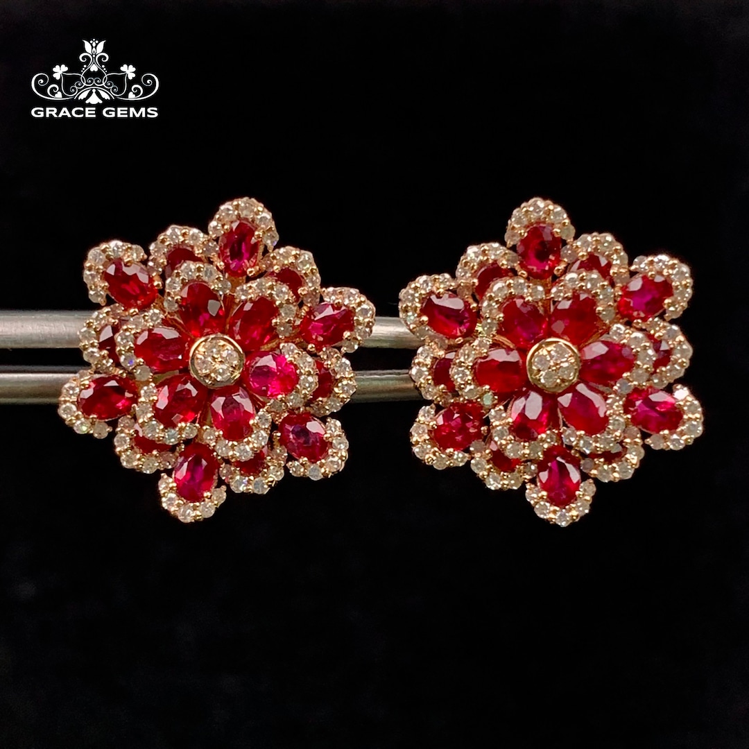 Handmade 18k Rose Gold Ruby Flower Earrings With Diamonds/high End Gift ...