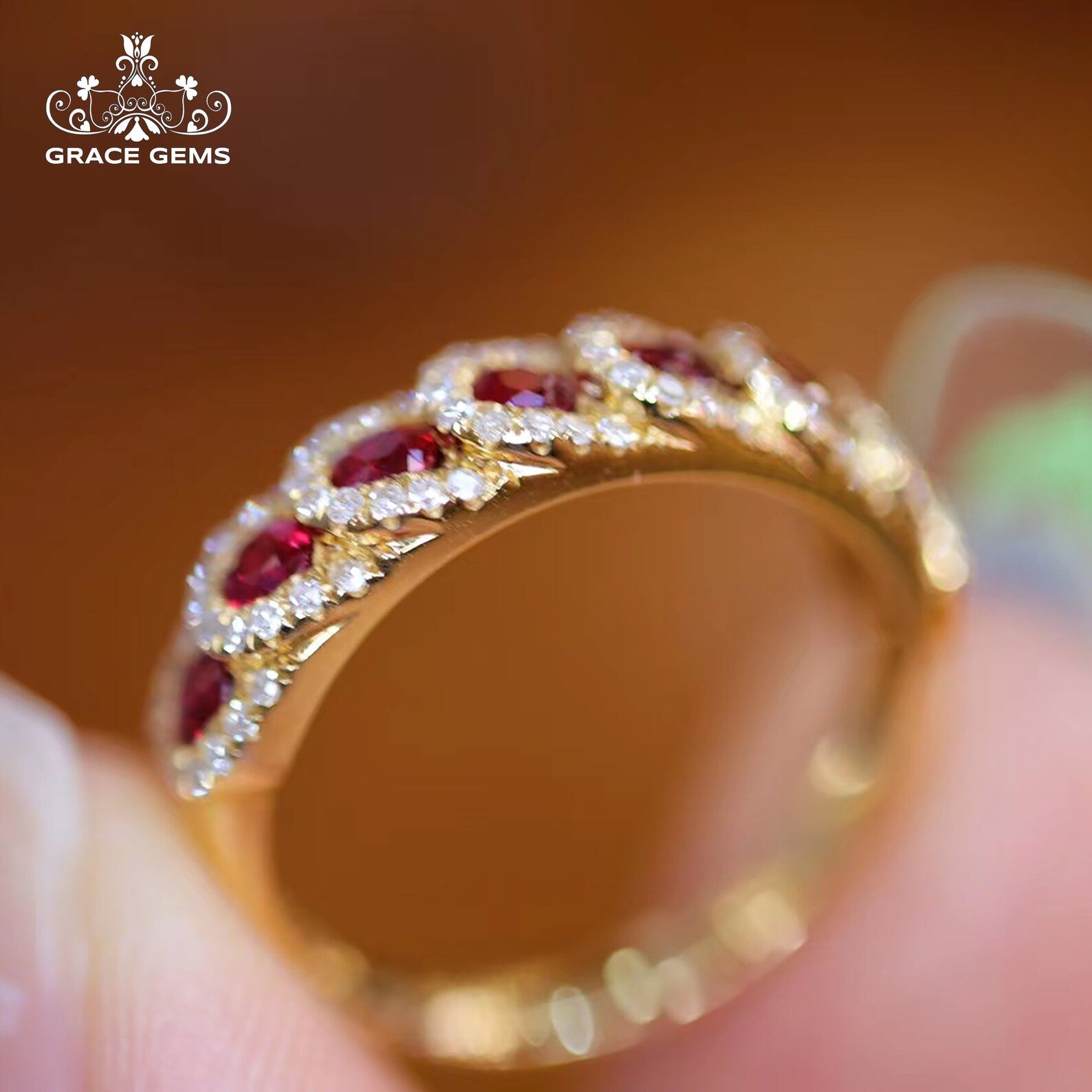 18K Rose Gold Ruby Diamond Wedding Band: Art Deco Stacking Ruby Ring ...
