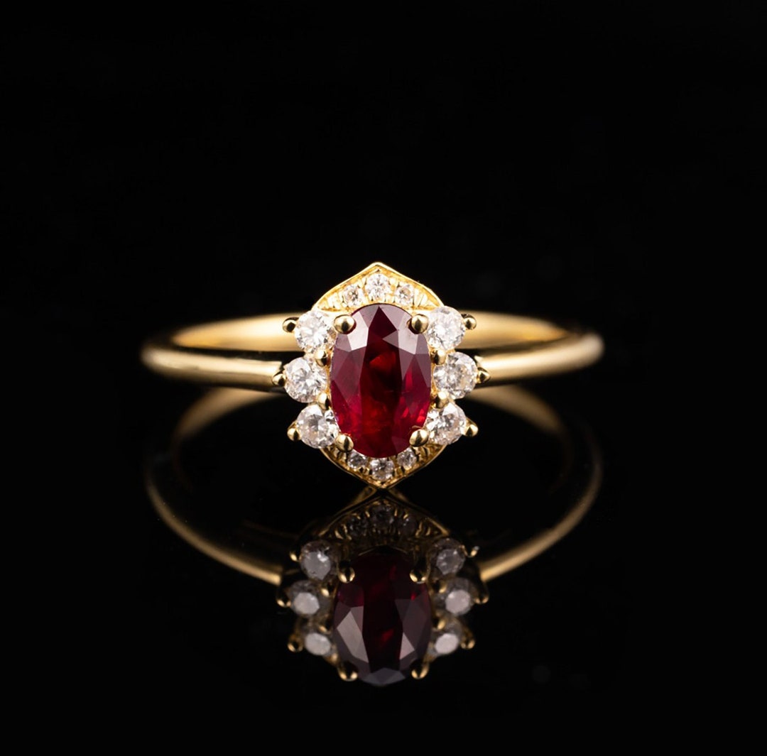 Classic Mozambique Natural Raw Ruby Ring/18k Rose Gold Ruby Engagement Ring With Diamond Halo ...