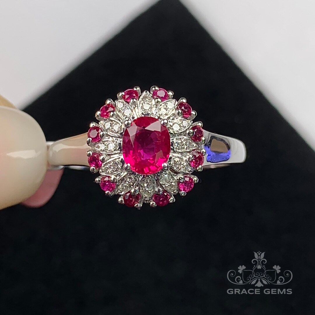 18k White Gold Ruby Engagement Ring/diamond Halo Ruby Ring/natural ...