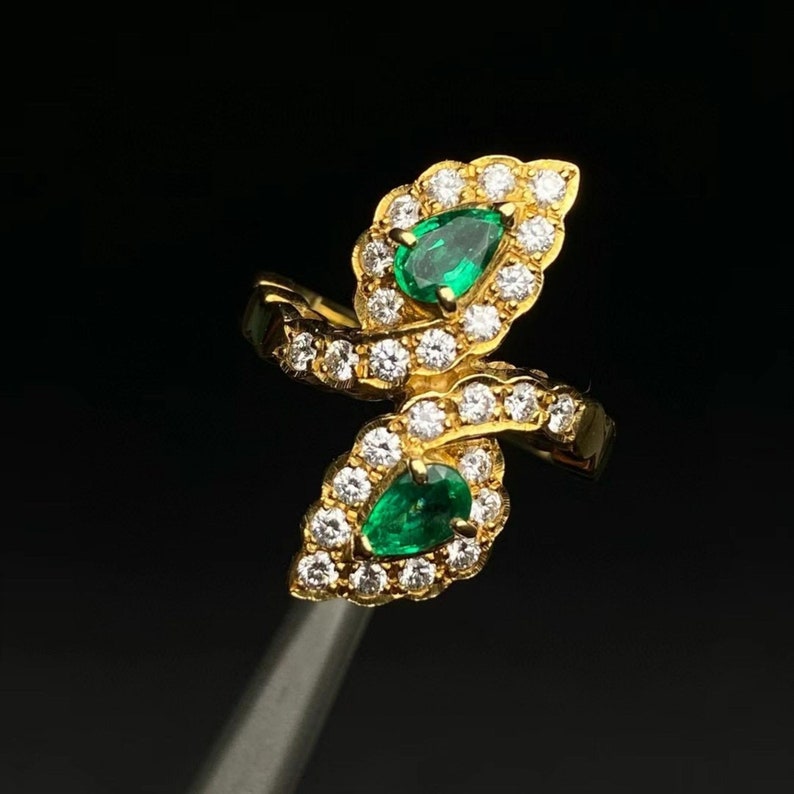 Unique 18k Gold Two Emeralds Ring: Double Stone Diamond Accent/emerald ...