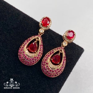 18k Rose Gold Natural Ruby Dangler/multi Stone Ruby Studs With Diamonds ...