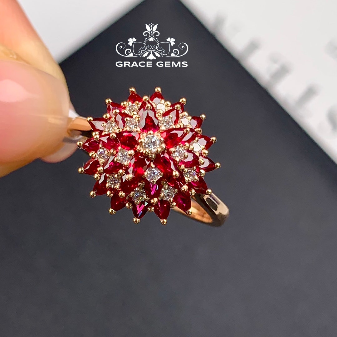 18k Rose Gold Round Flower Ruby Ring/half Eternity Diamond Halo Star ...