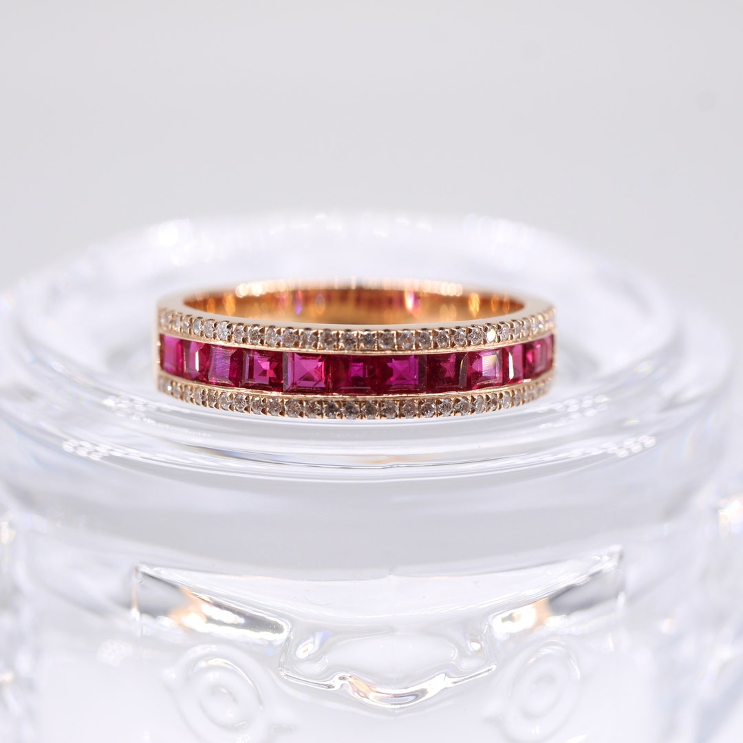 18k Rose Gold Ruby Engagement Ring/natural Ruby Paved Band/real Diamond ...