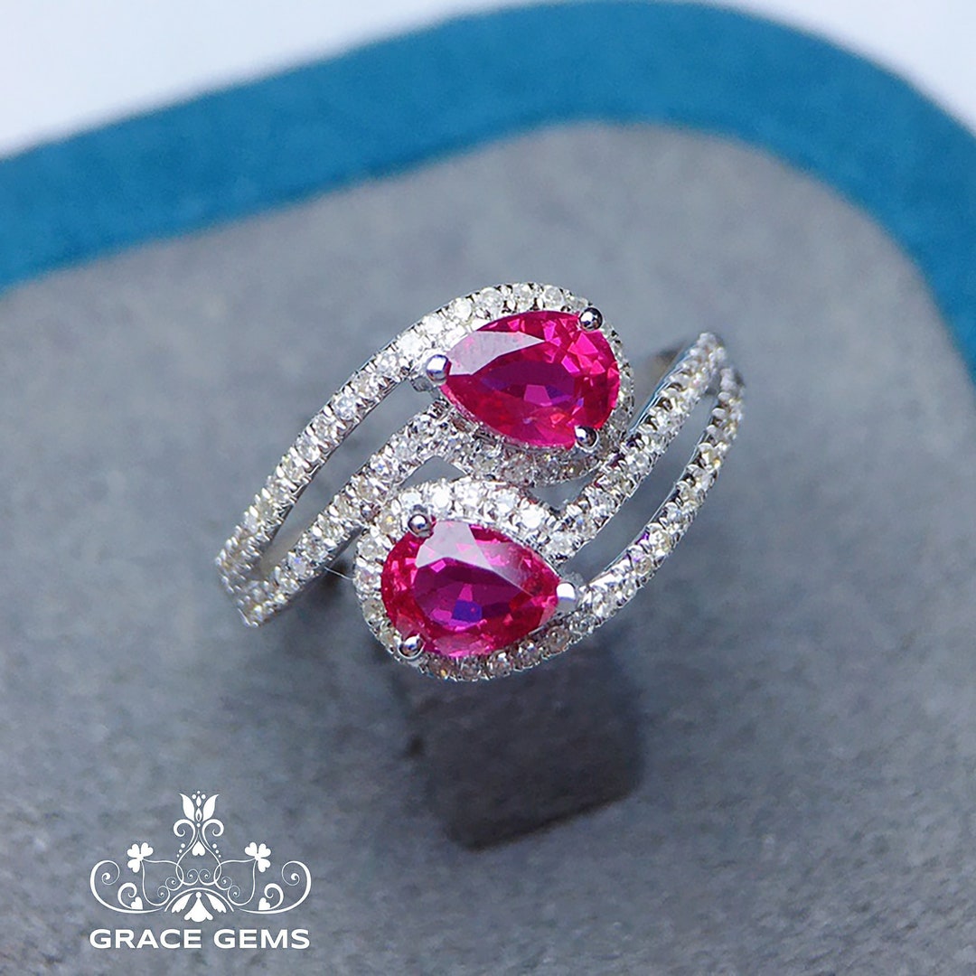 18k Double Pear Ruby Engagement Ring: Halo Diamond Twin Stone Ruby Ring ...