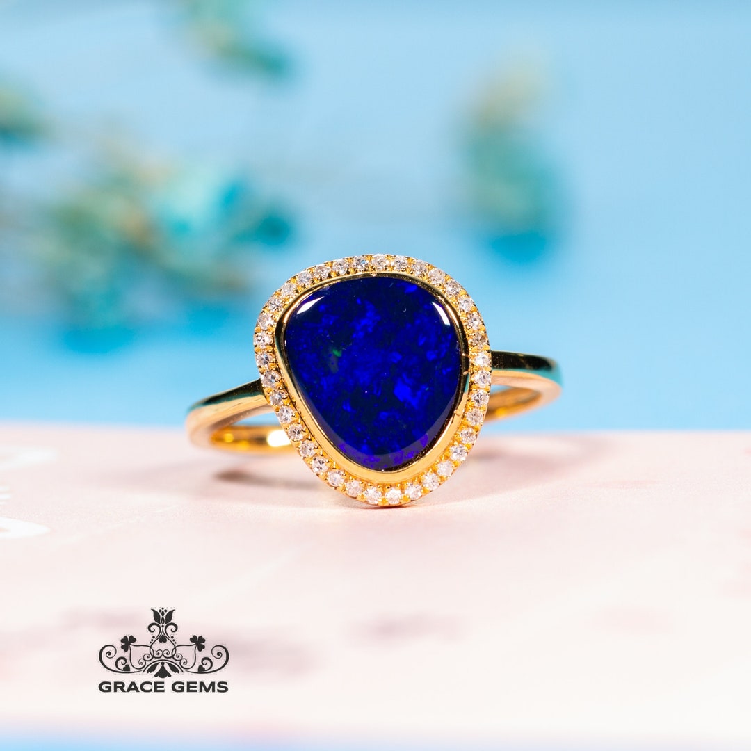 Australian Blue Opal Ring: 18k Gold Diamond Halo, Raw Opal Wedding Ring ...