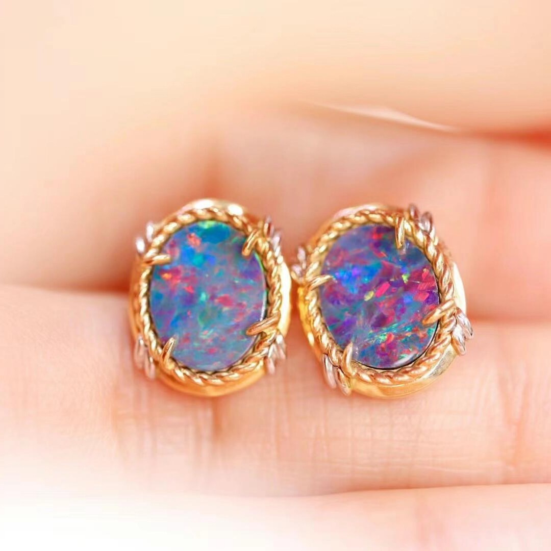 18k Solid Gold Real Australian Opal Earrings Studs/blue Natural Opal ...