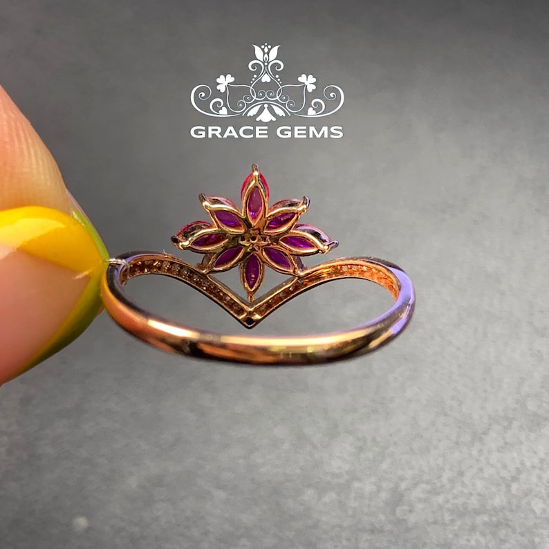18k Rose Gold Ruby Flower Ring: Diamond Halo Art Deco Ruby Ring/high ...