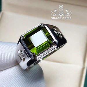 18k Gol Natural Green Tourmaline Mens Engagement Ring/masculine Mens ...
