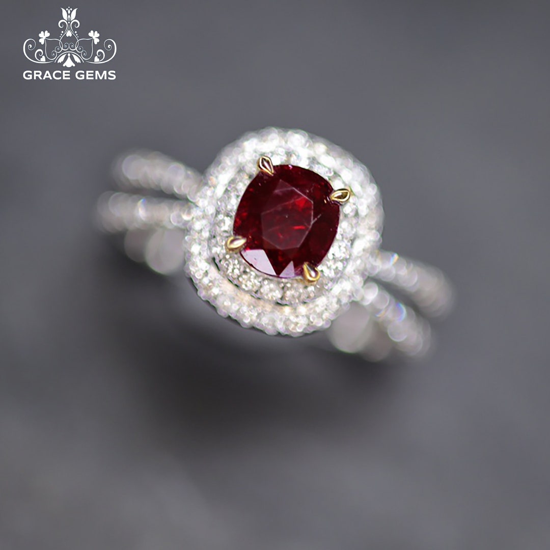 18K White Gold Natural Dark Ruby Ring: 1CT Diamond Halo, Vintage Boho ...