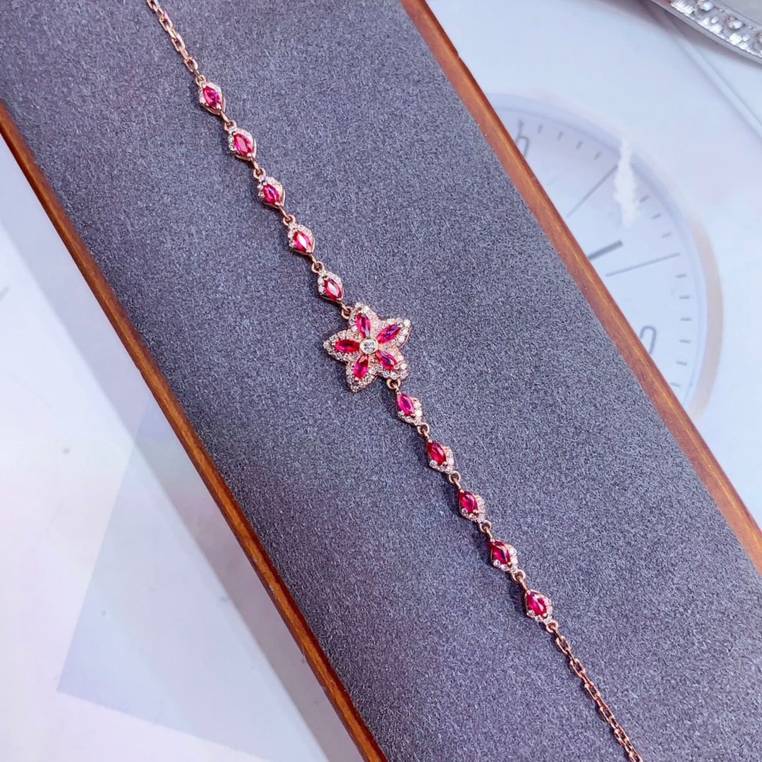 Genuine Ruby Bracelet in 18K Rose Gold and Diamonds/unique Natural Ruby ...