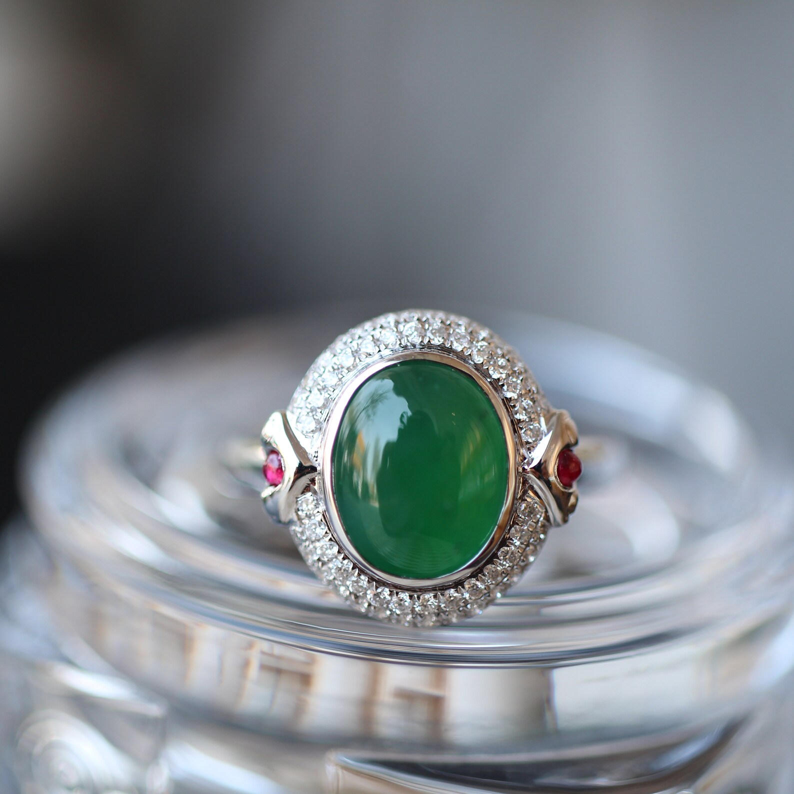 Real 18k Solid White Gold Natural Myanmar Green Jadeite Jade Ring With ...