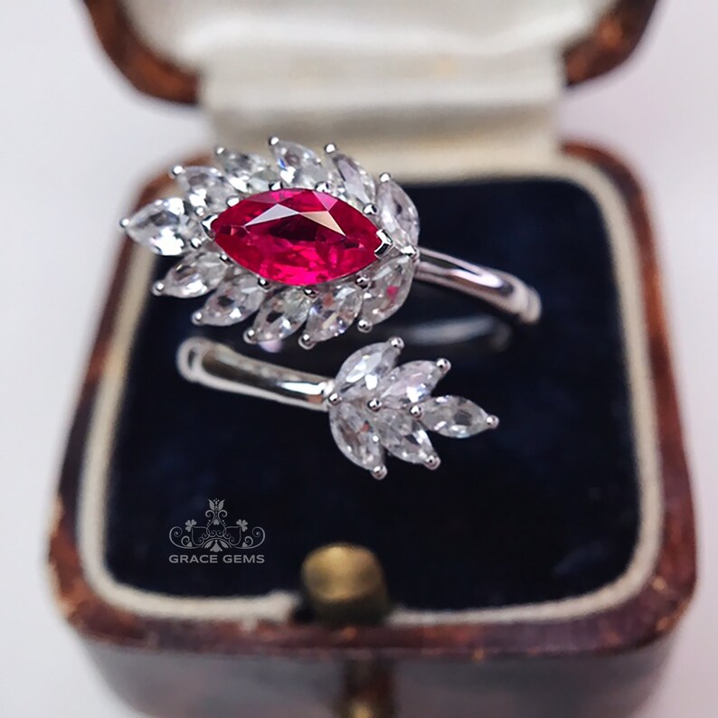 18k White Gold Ruby Ring/marquise Ruby Halo,vintage Ruby Engagement ...