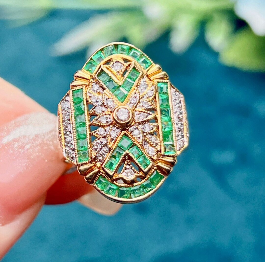 Unique 18k Gold Real Emerald Ring With Diamonds/high End Genuine ...