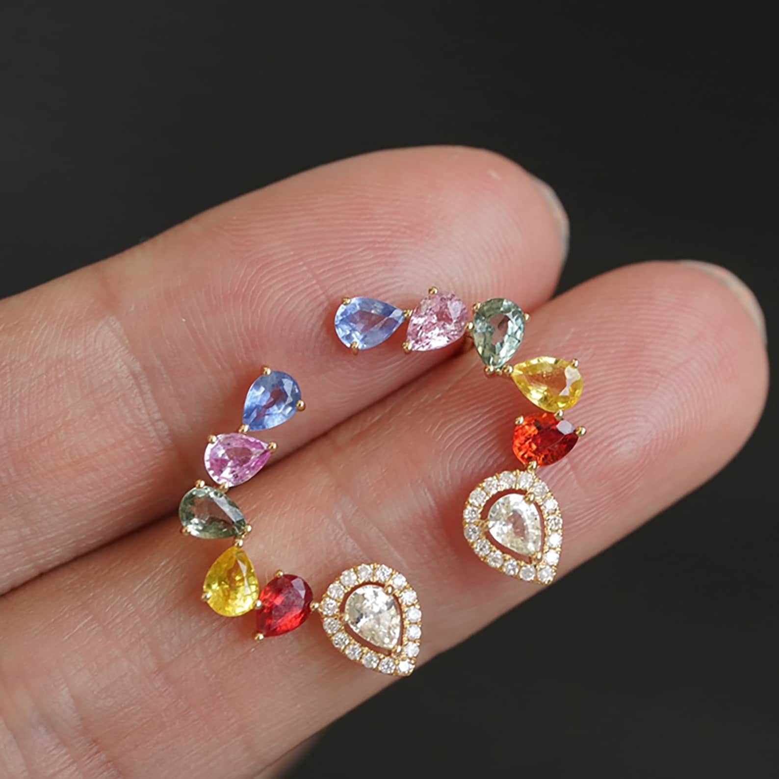 18k Solid White Gold Multi-color Genuine Sapphire Studs With Diamonds ...