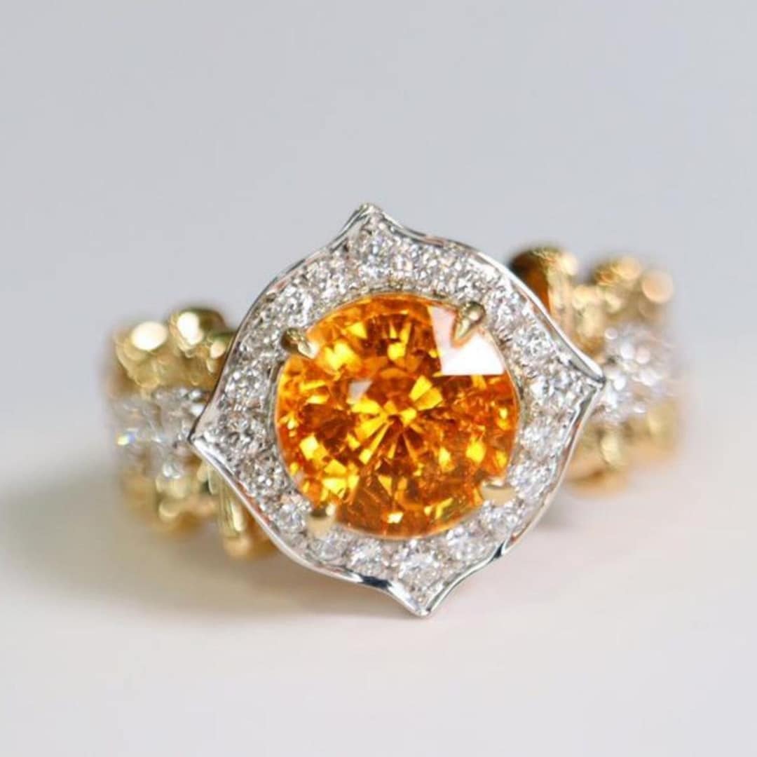 18k Gold Vintage Natural Fanta Ring/natural Orange Garnet Ring/diamond ...