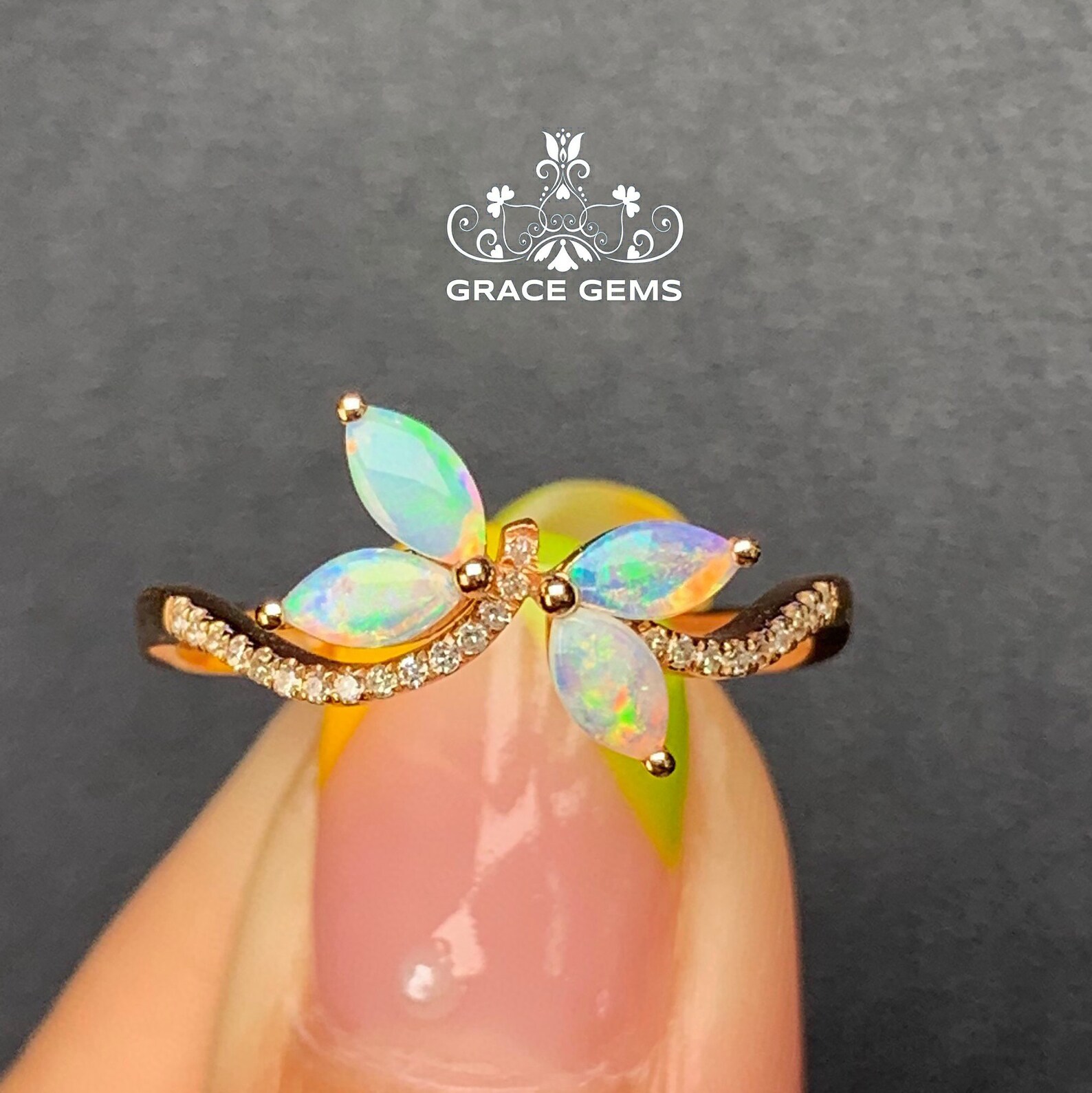 Blossom Genuine Marquise Rich Rainbow Flash Opal Ring in 18k | Etsy