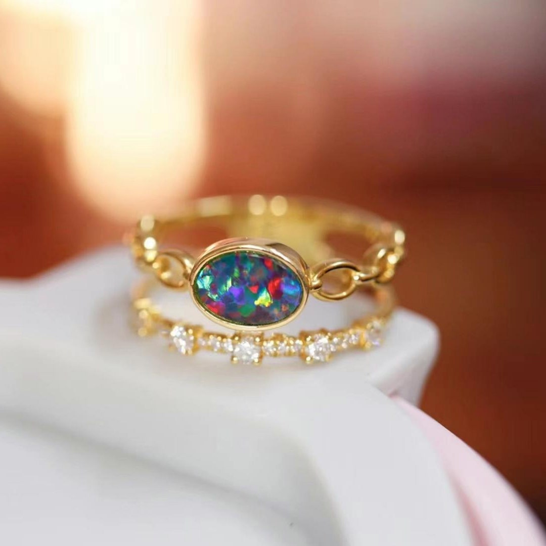 18k Gold Natural Australian Opal With Diamonds/chain Design Stackable ...