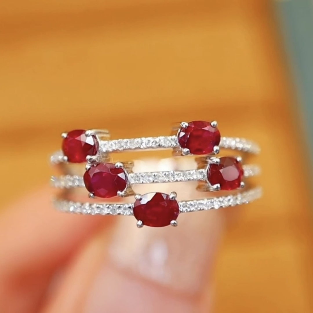 Cluster Vintage Natural Ruby Engagement Ring/18k Rose Gold Ruby Ring ...