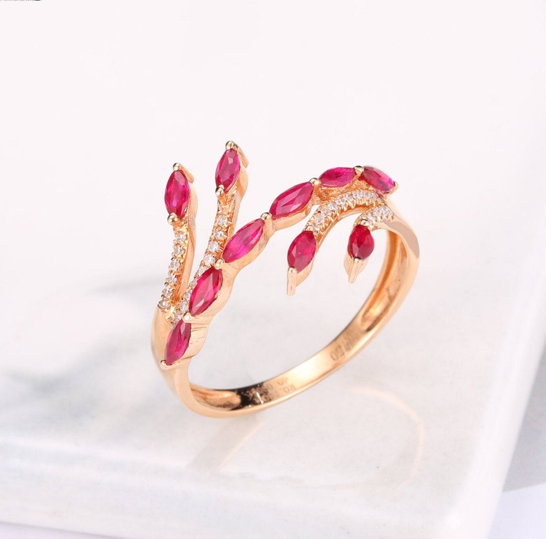 18K Rose Gold Ruby Ring/natural Engagement Ring With Diamonds/halo Ruby ...