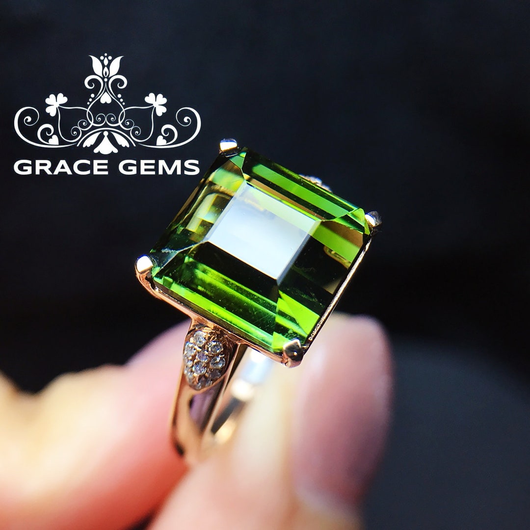 18k Gold Big Square Olive Green Tourmaline Diamond Engagement Wedding ...