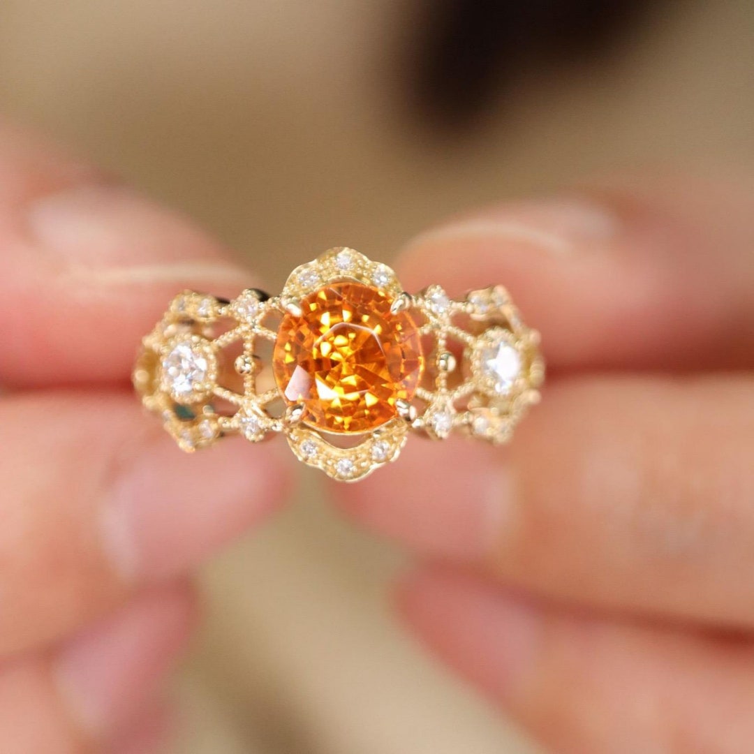 18k Gold Vintage Natural Fanta Ring/handmade Orange Garnet Wedding Band ...