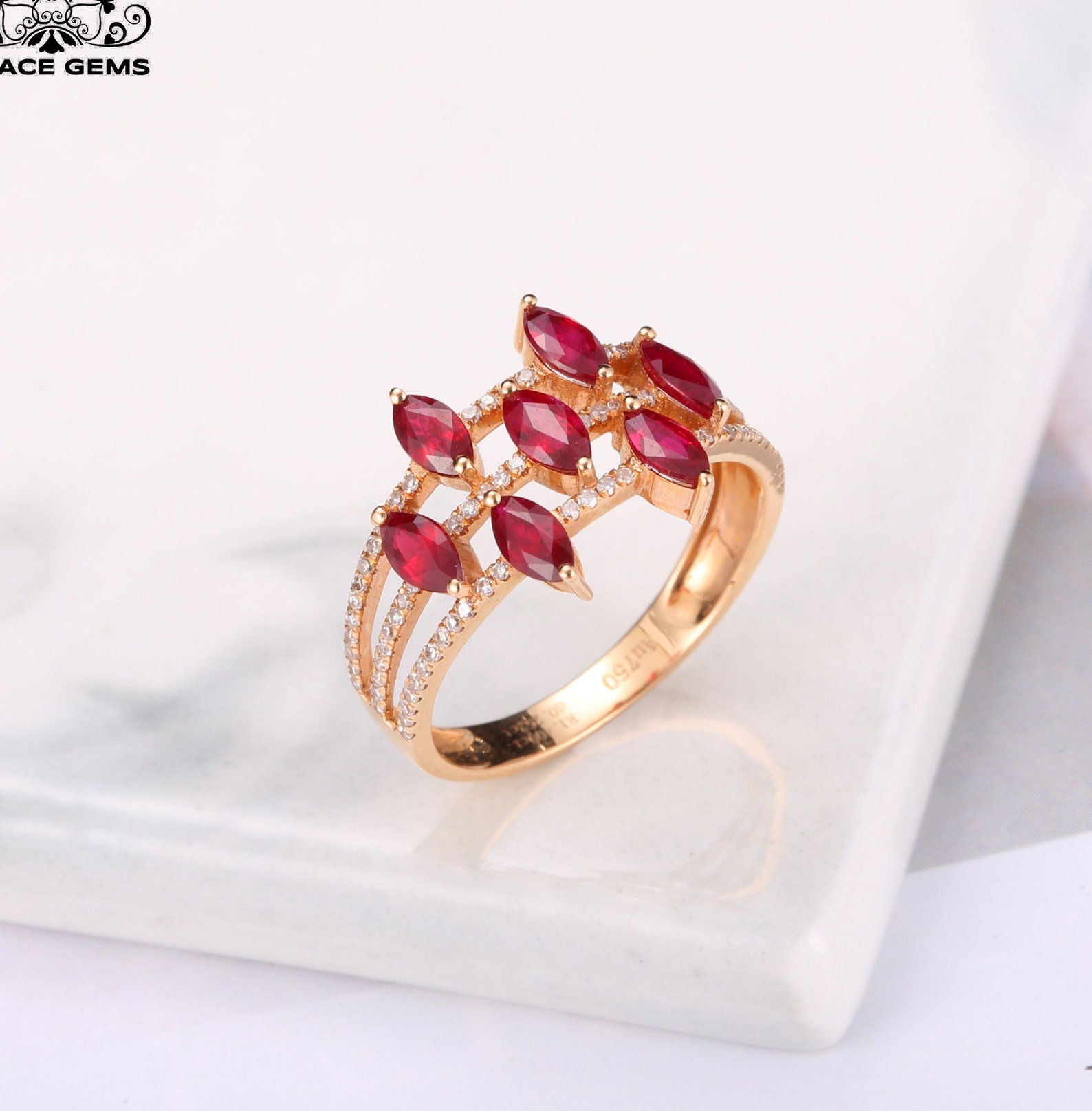 Multi-stone Pigeon Blood Red Ruby Engagement Ring in 18k Rose - Etsy