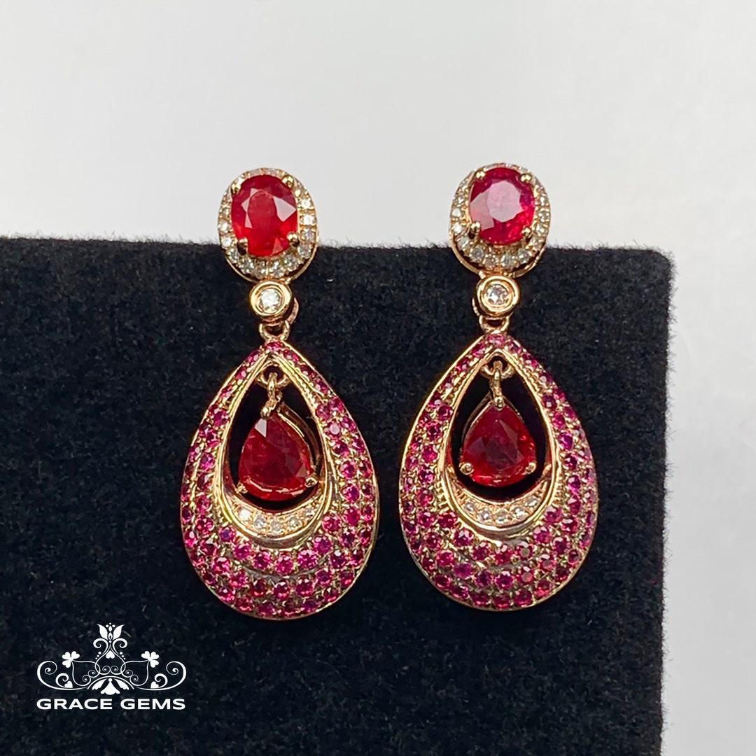 18k Rose Gold Natural Ruby Dangler/multi Stone Ruby Studs With Diamonds ...