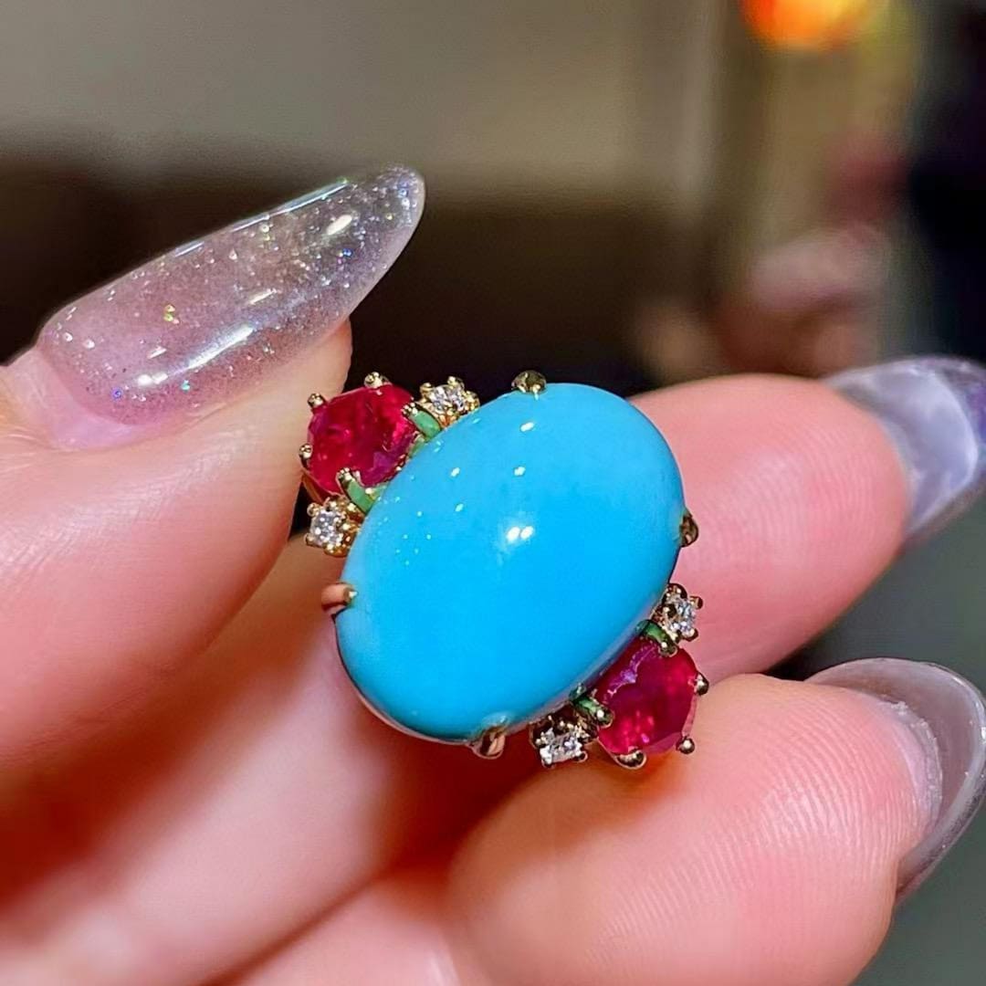 Chunky Turquoise Ring: 18k Gold Cabochon With Rubies - Etsy