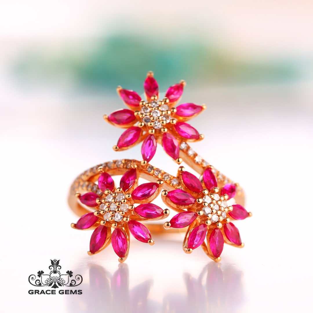 18k Rose Gold Ruby Flower Ring: Diamond Halo, Art Deco Bridal Jewelry ...