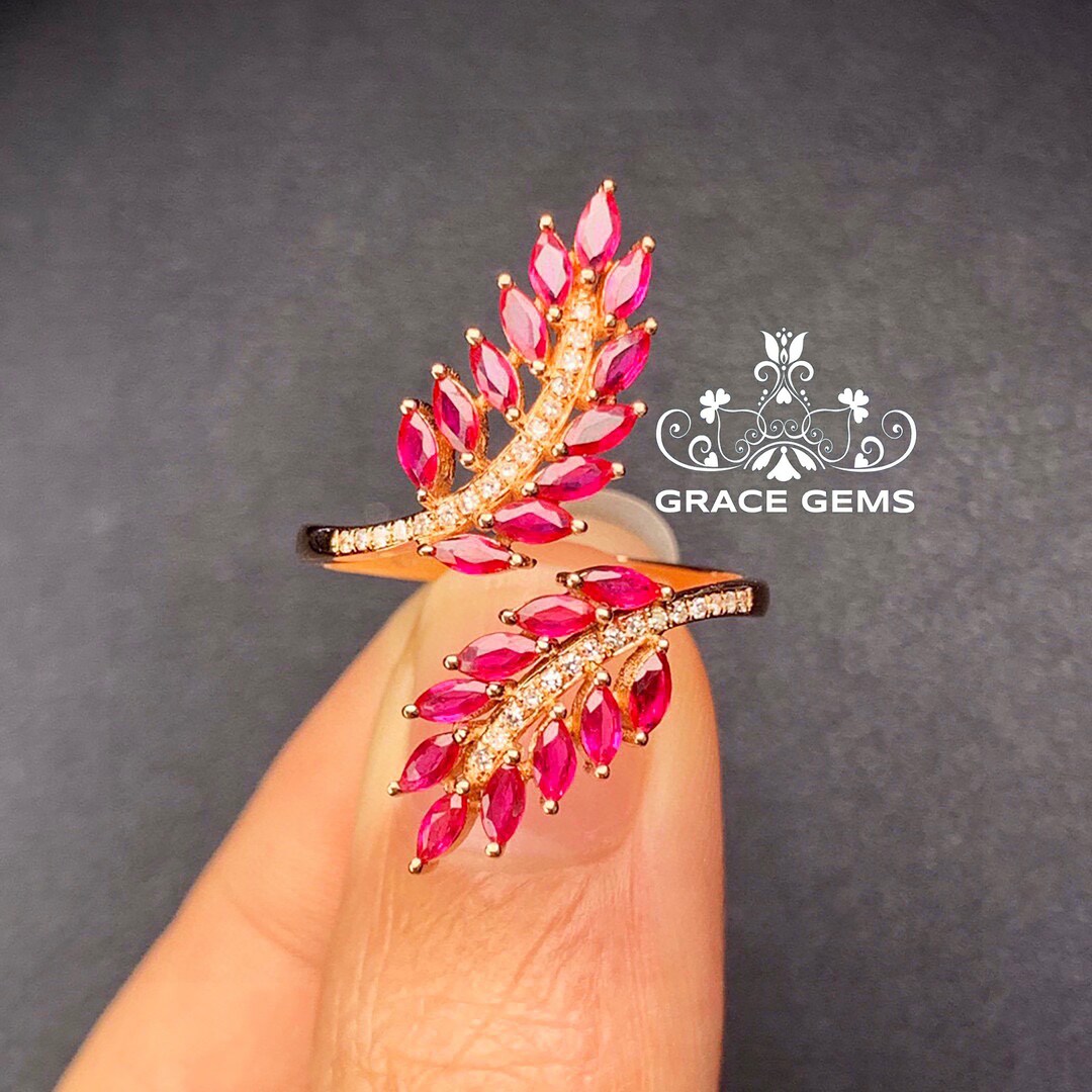 Double Leaf Ruby Ring: 18k Rose Gold Diamond Accent Ruby Ring/nature ...