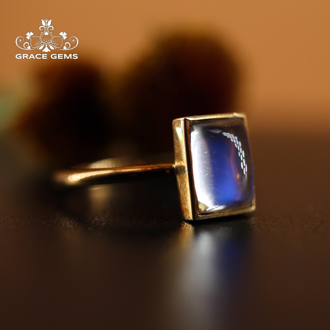 18k Gold Emerald Cut Genuine Moonstone Ring/celtic Vintage Engagement ...