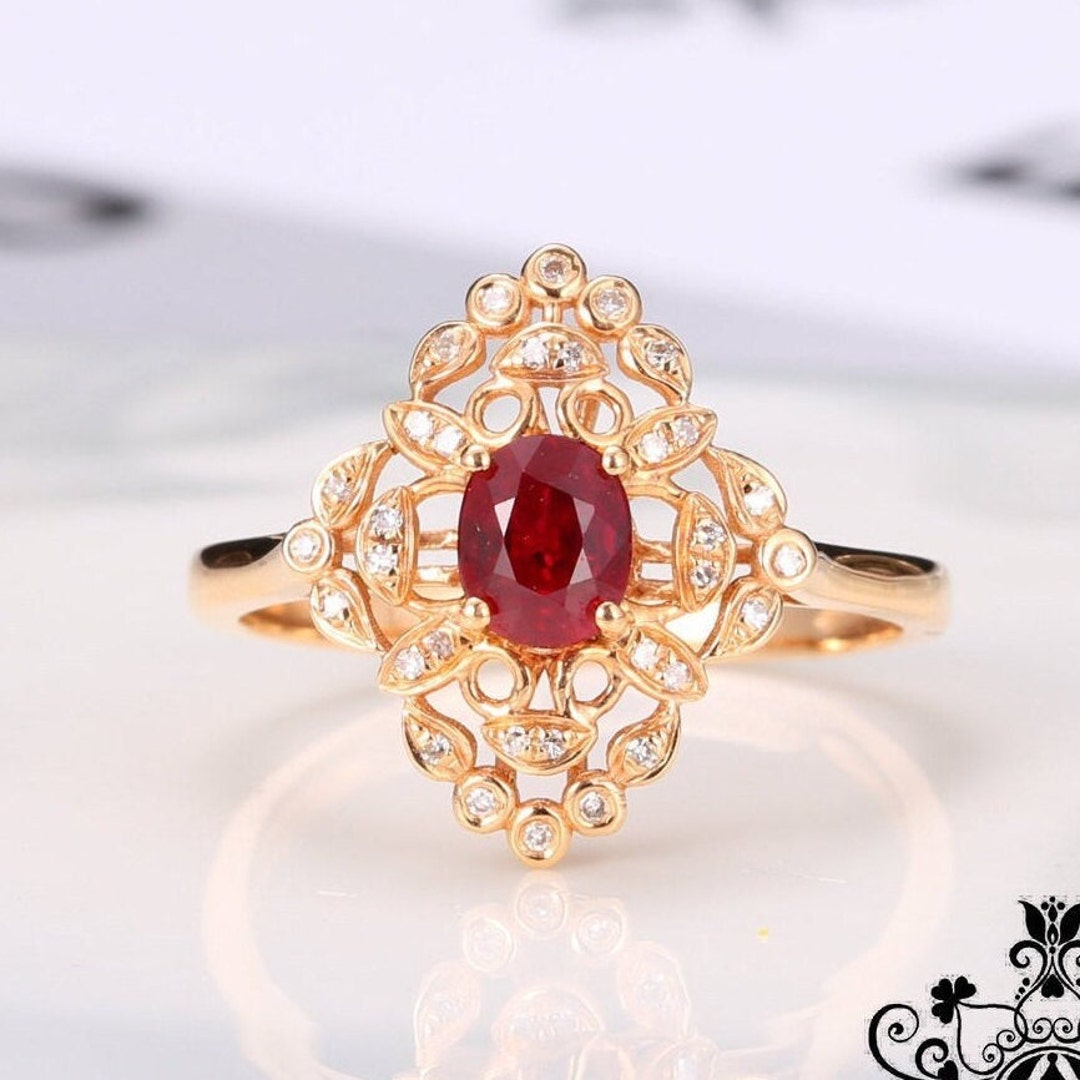 18k Gold Genuine Ruby Engagement Ring With Diamond/art Deco Red Ruby ...