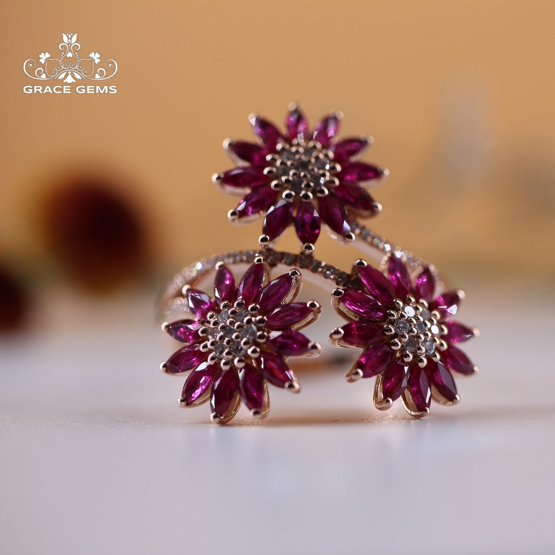 Vintage Mozambique Ruby Three Flower Ring/18k Rose Gold Diamond Art ...