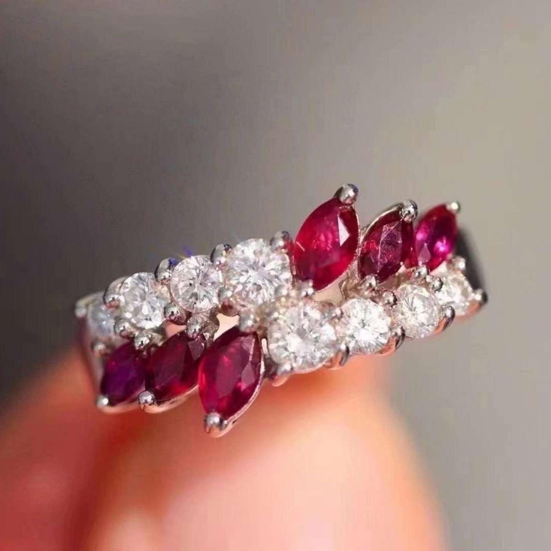 18k White Gold Real Ruby Ring/natural Ruby and Diamond Ring/handmade ...