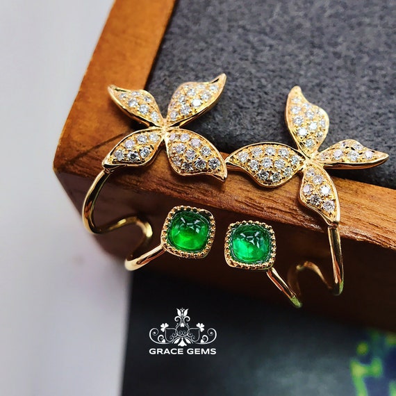 18k Rose gold flower natural emerald earrings One of a kind diamond emerald studs Push back Dainty emerald studs Her handmade jewelry gift Etsy