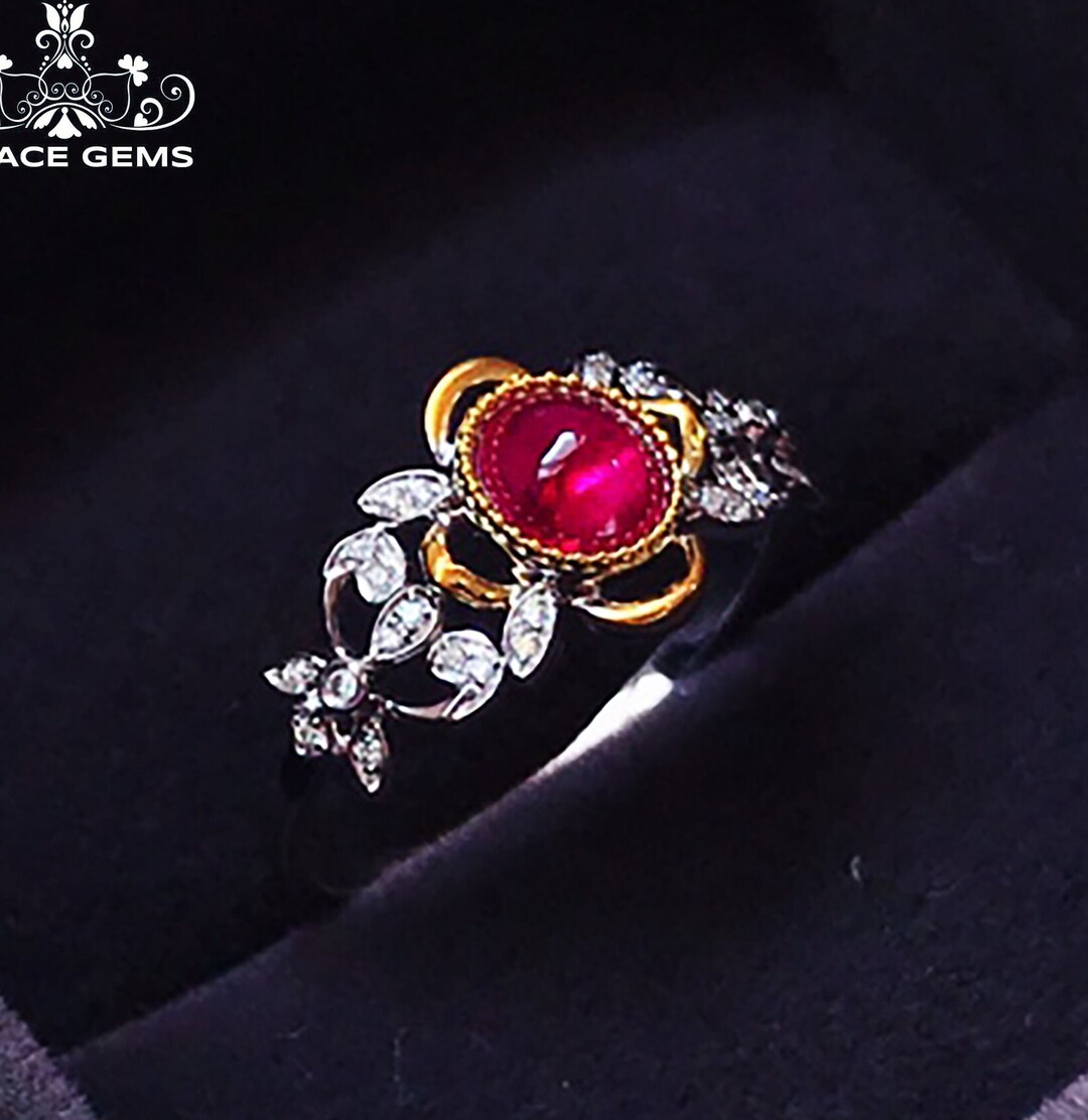 Handmade 18K White Gold Ruby Ring: Diamond Halo, Vintage Style/bespoke ...