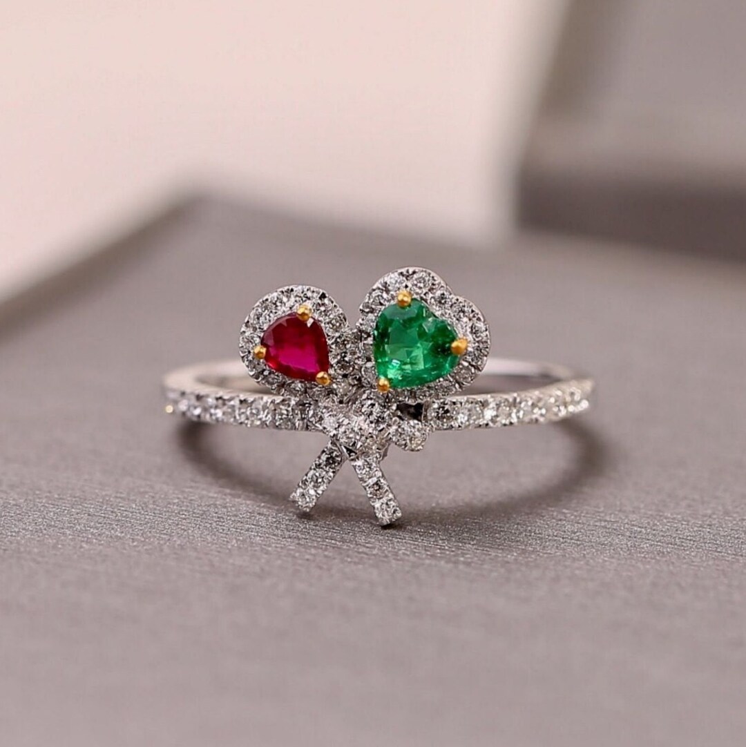 18k White Gold Ruby and Emerald Ring/double Stone Ring/ruby Engagement ...