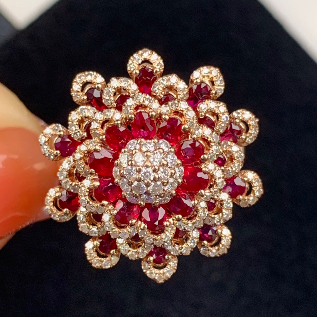 Unique Flower Natural Ruby Ring/18k Solid Gold Ruby Engagement Ring ...