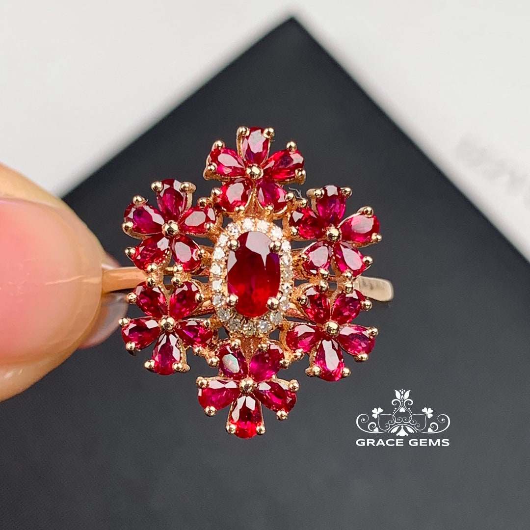 18k Rose Gold Real Ruby Engagement Ring Pendant/pigeon Blood Natural ...