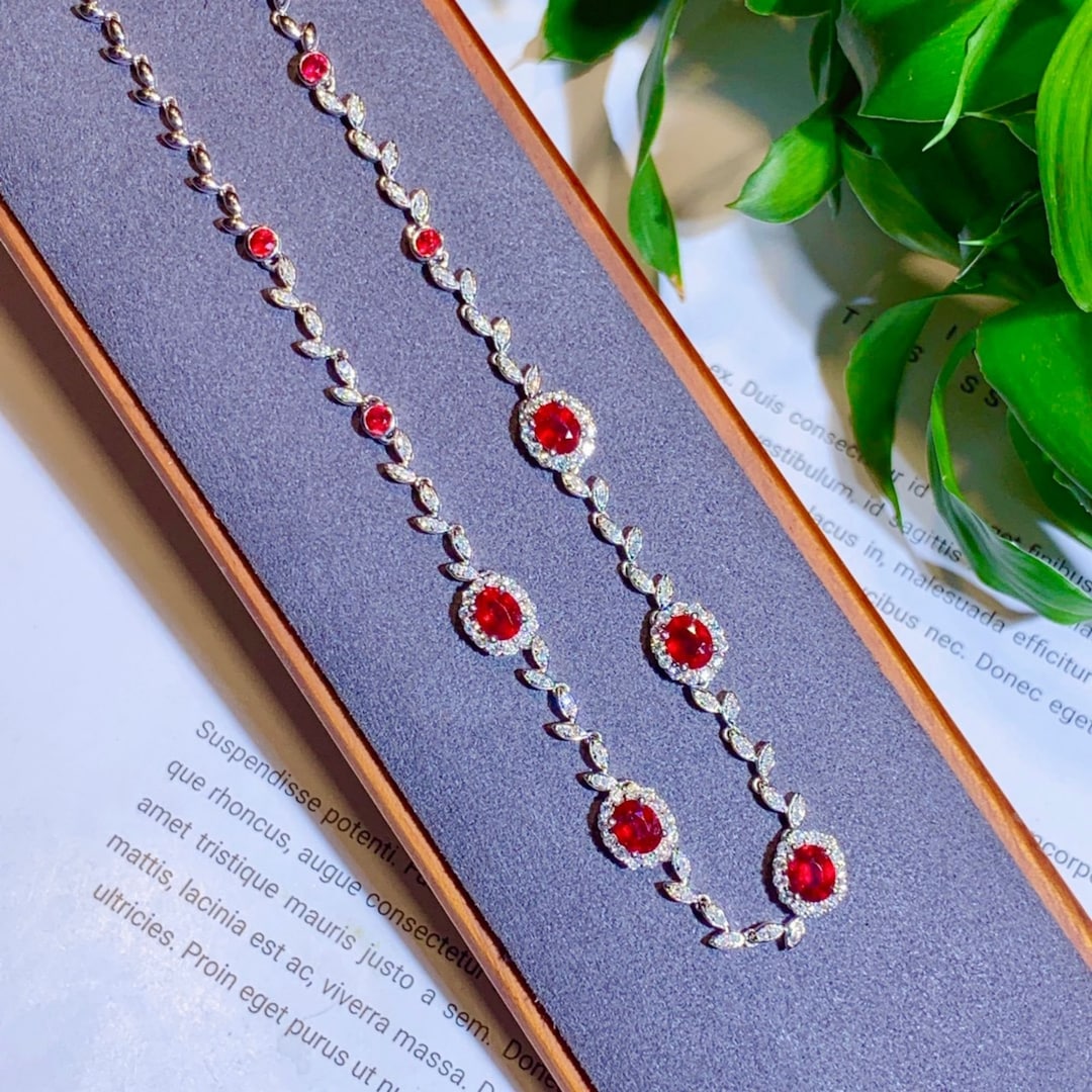 18k White Gold Mozambique Ruby Necklace with Diamonds/Luxury natural ...